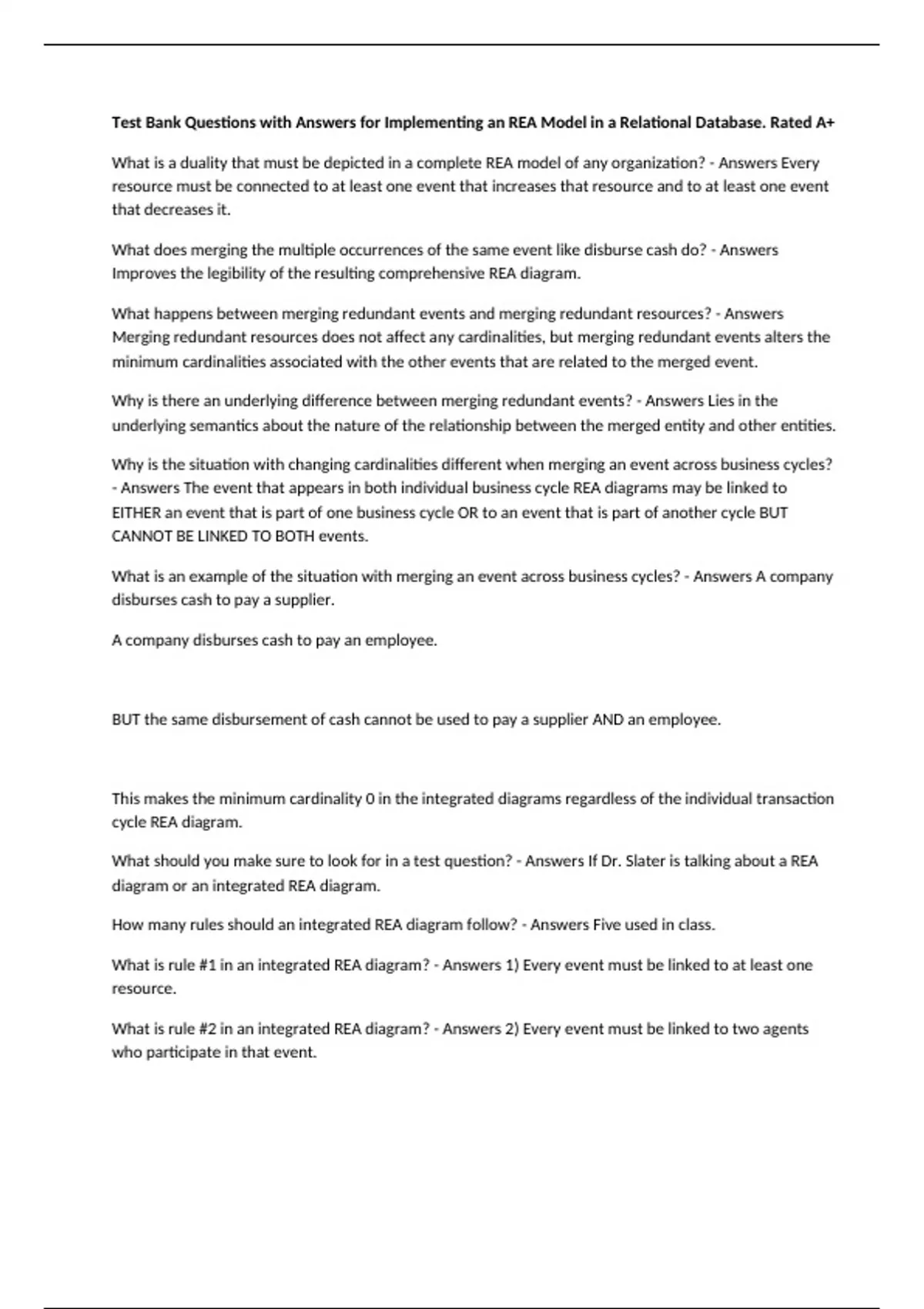 Test Bank Questions with Answers for Implementing an REA Model in a ...