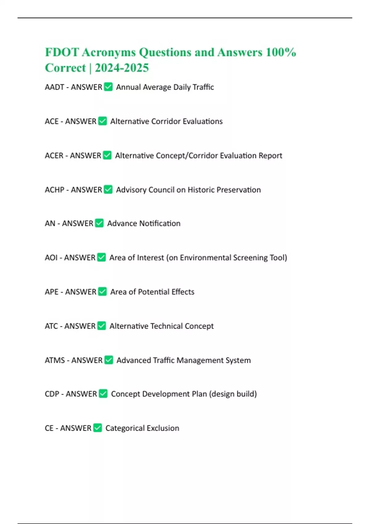 FDOT Acronyms Questions and Answers 100% Correct | - FDOT - Stuvia US