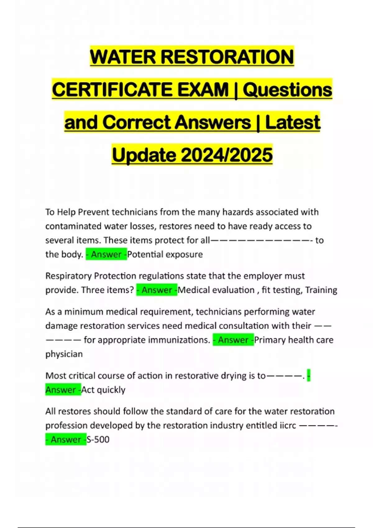 WATER RESTORATION CERTIFICATE EXAM | Questions and Correct Answers ...