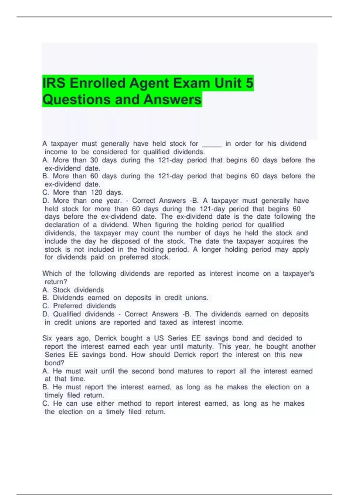 IRS Enrolled Agent Exam Unit 5 Questions and Answers - Enrolled Agent ...