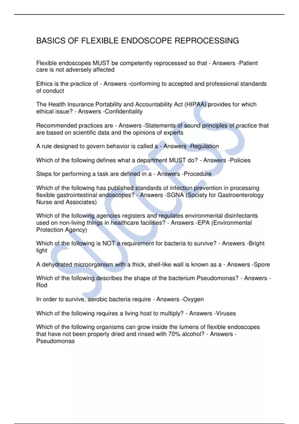 BASICS OF FLEXIBLE ENDOSCOPE REPROCESSING - FLEXIBLE ENDOSCOPE REPROCESSING - Stuvia US