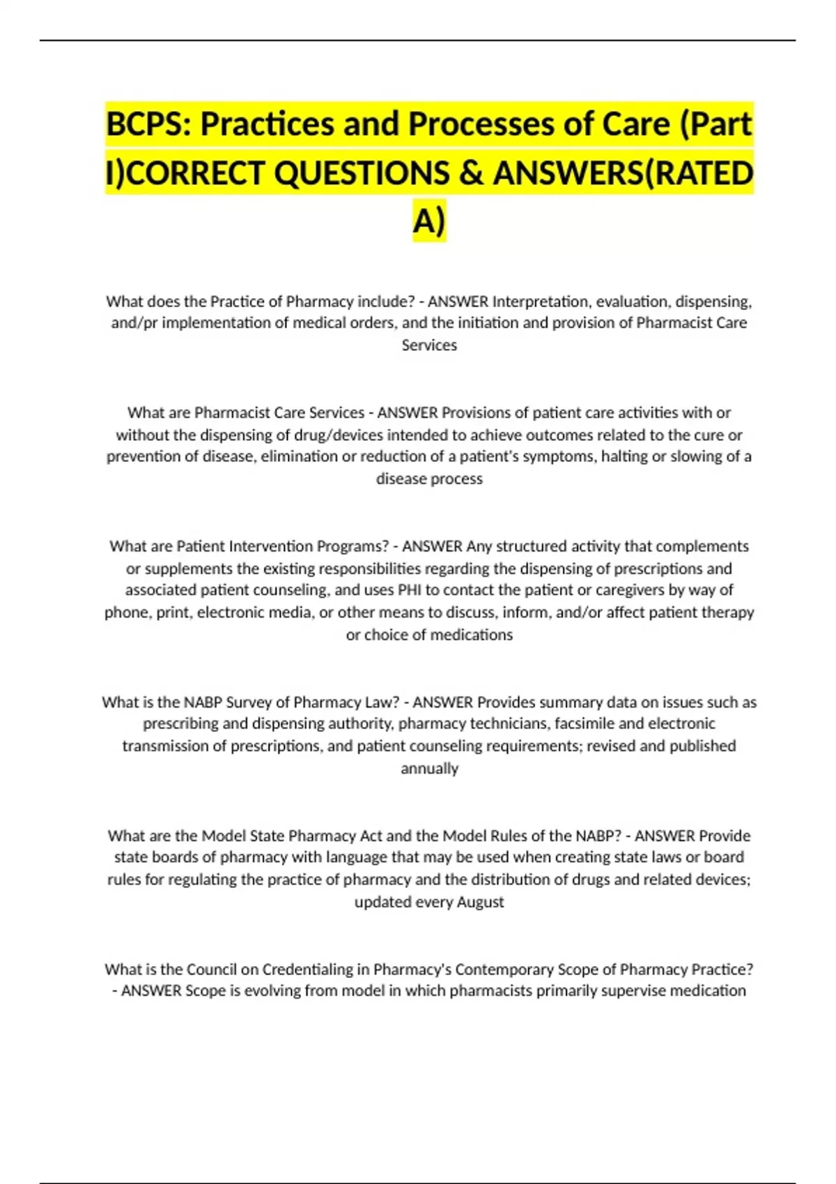 BCPS: Practices and Processes of Care (Part I)CORRECT QUESTIONS & ANSWERS(RATED A) - BCPS ...