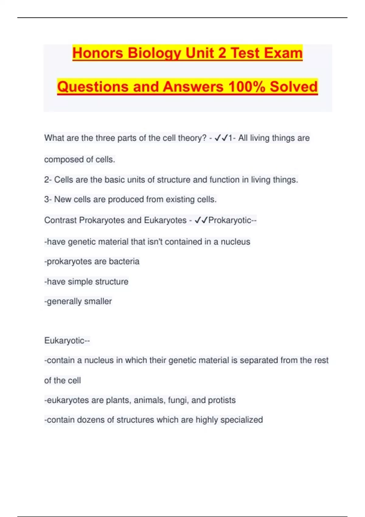 Honors Biology Unit 2 Test Exam Questions and Answers 100% Solved ...