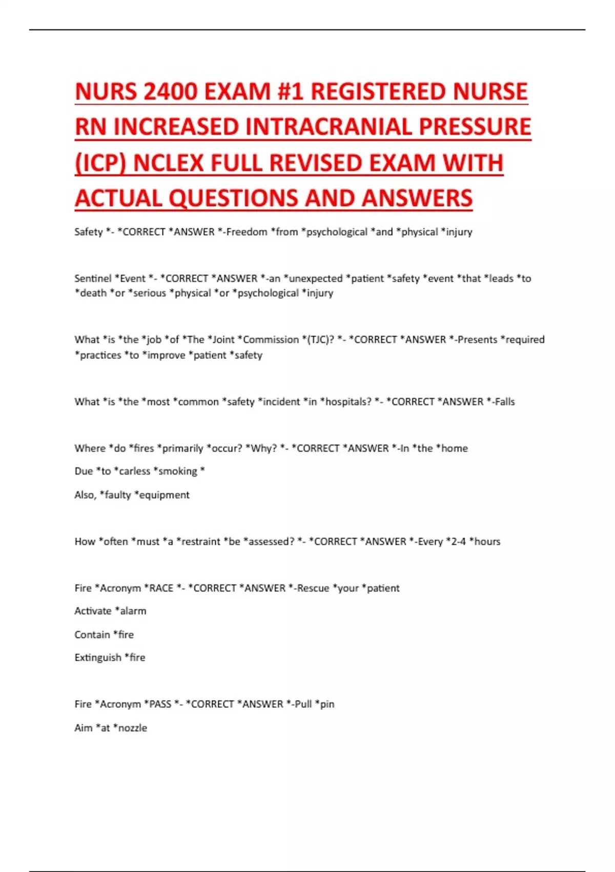 NURS 2400 EXAM #1 REGISTERED NURSE RN INCREASED INTRACRANIAL PRESSURE ...