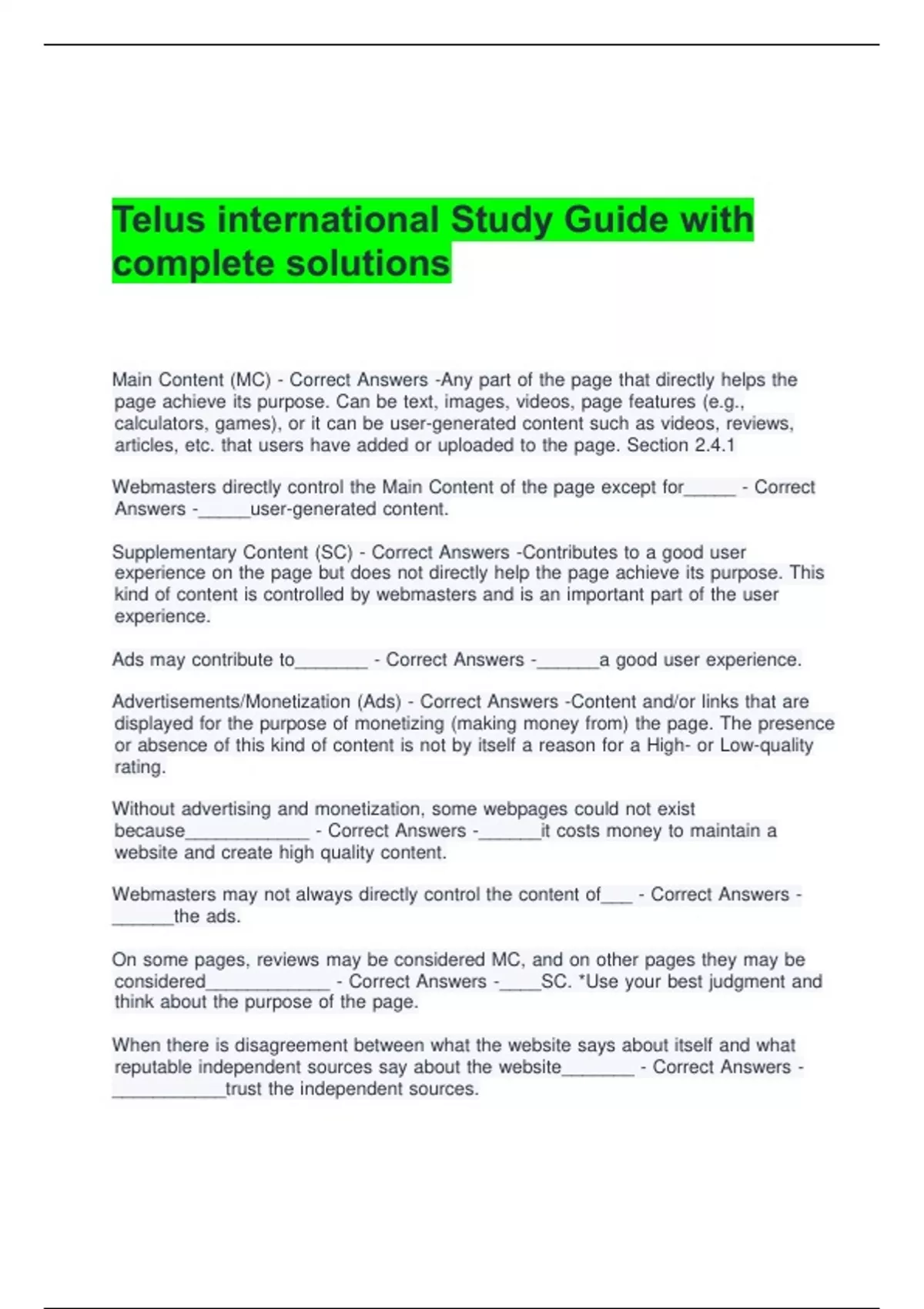 Telus international Study Guide with complete solutions - Telus Rater ...