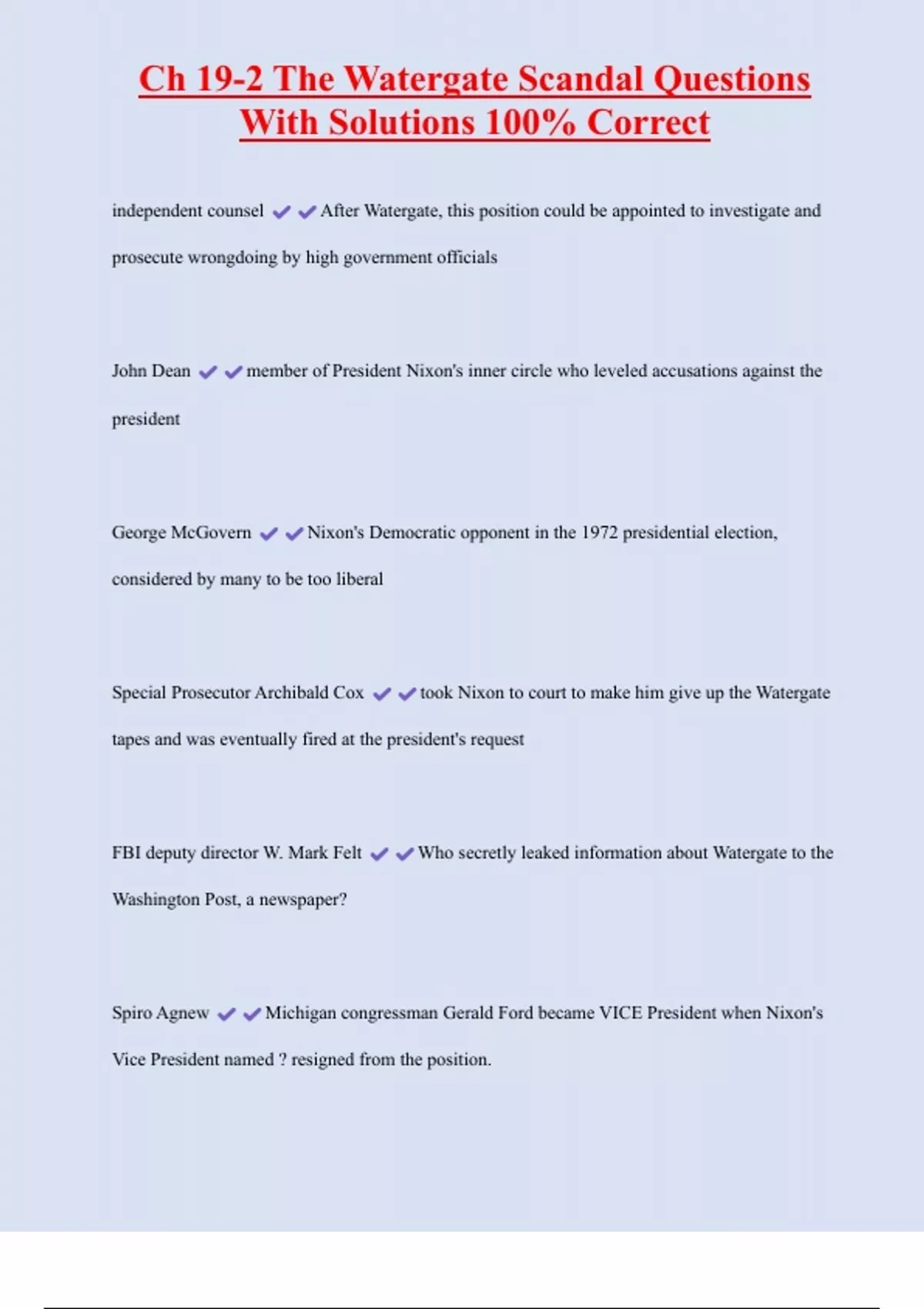 Ch 19-2 The Watergate Scandal Questions With Solutions 100% Correct ...