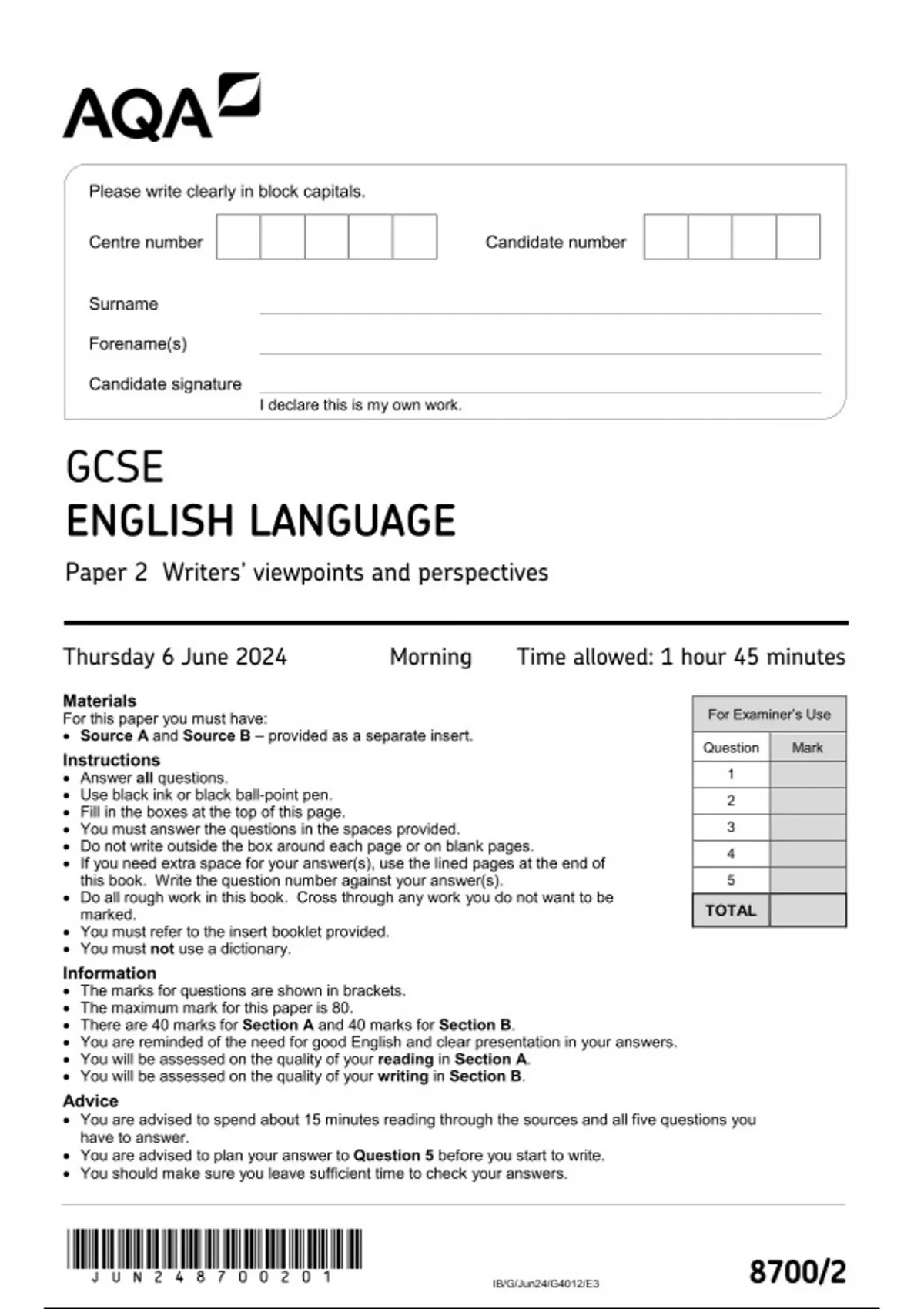 AQA GCSE ENGLISH LANGUAGE Paper 2 JUNE 2024 QUESTION PAPER - GCSE ...