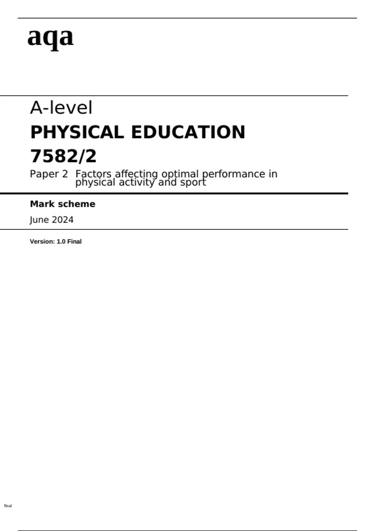 aqa A-level PHYSICAL EDUCATION (7582/2)Paper 2 Factors affecting ...