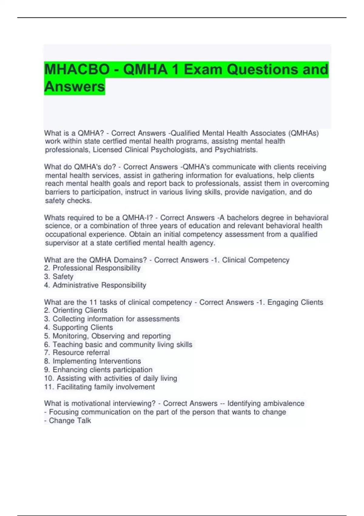MHACBO - QMHA 1 Exam Questions and Answers - MHACBO - Stuvia US