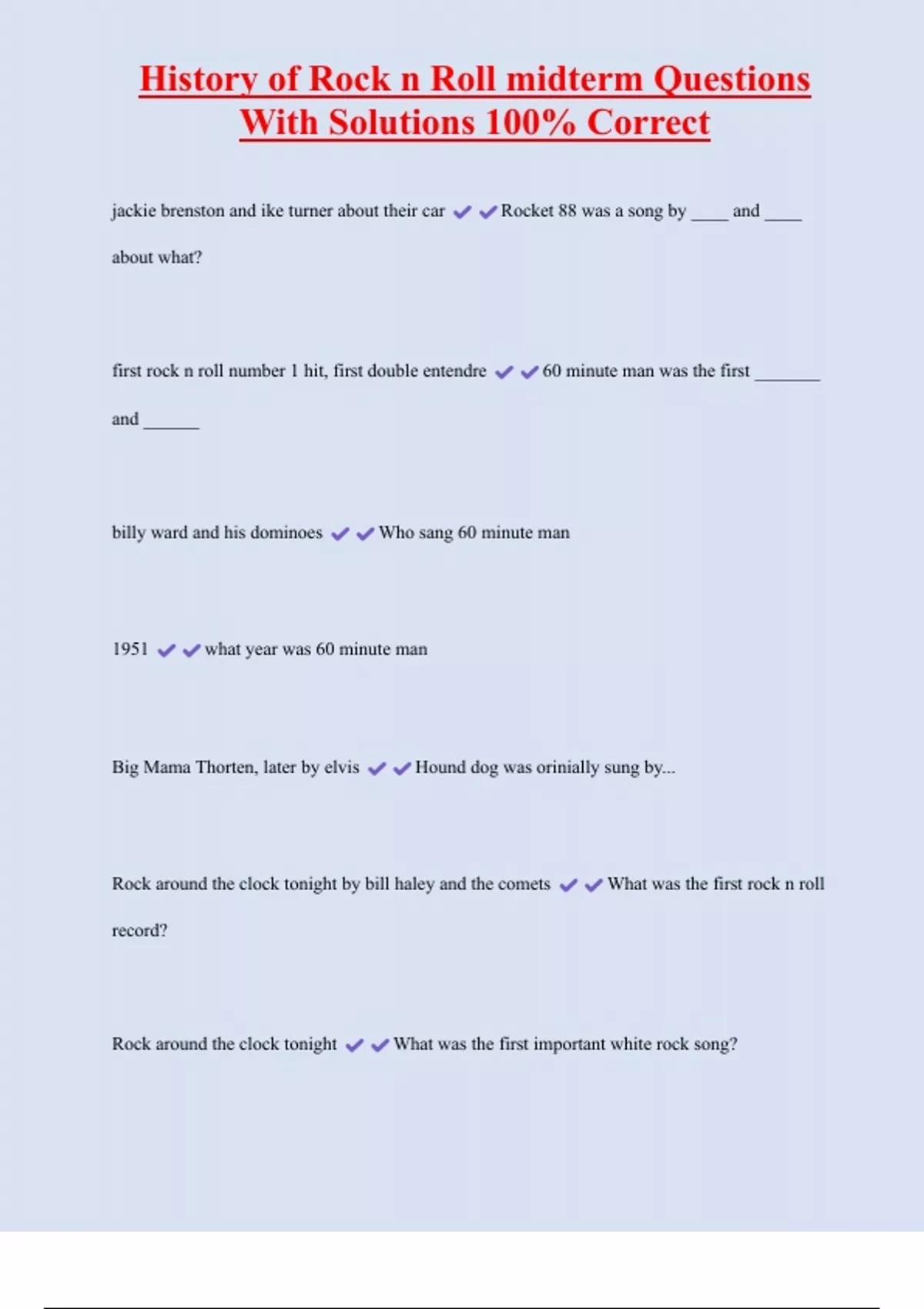 History of Rock n Roll midterm Questions With Solutions 100% Correct ...