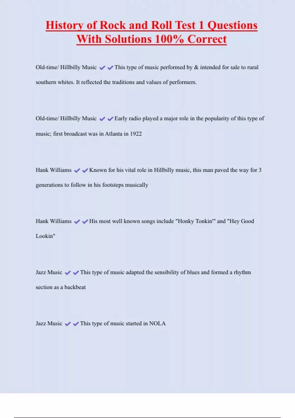 History of Rock and Roll Test 1 Questions With Solutions 100% Correct ...