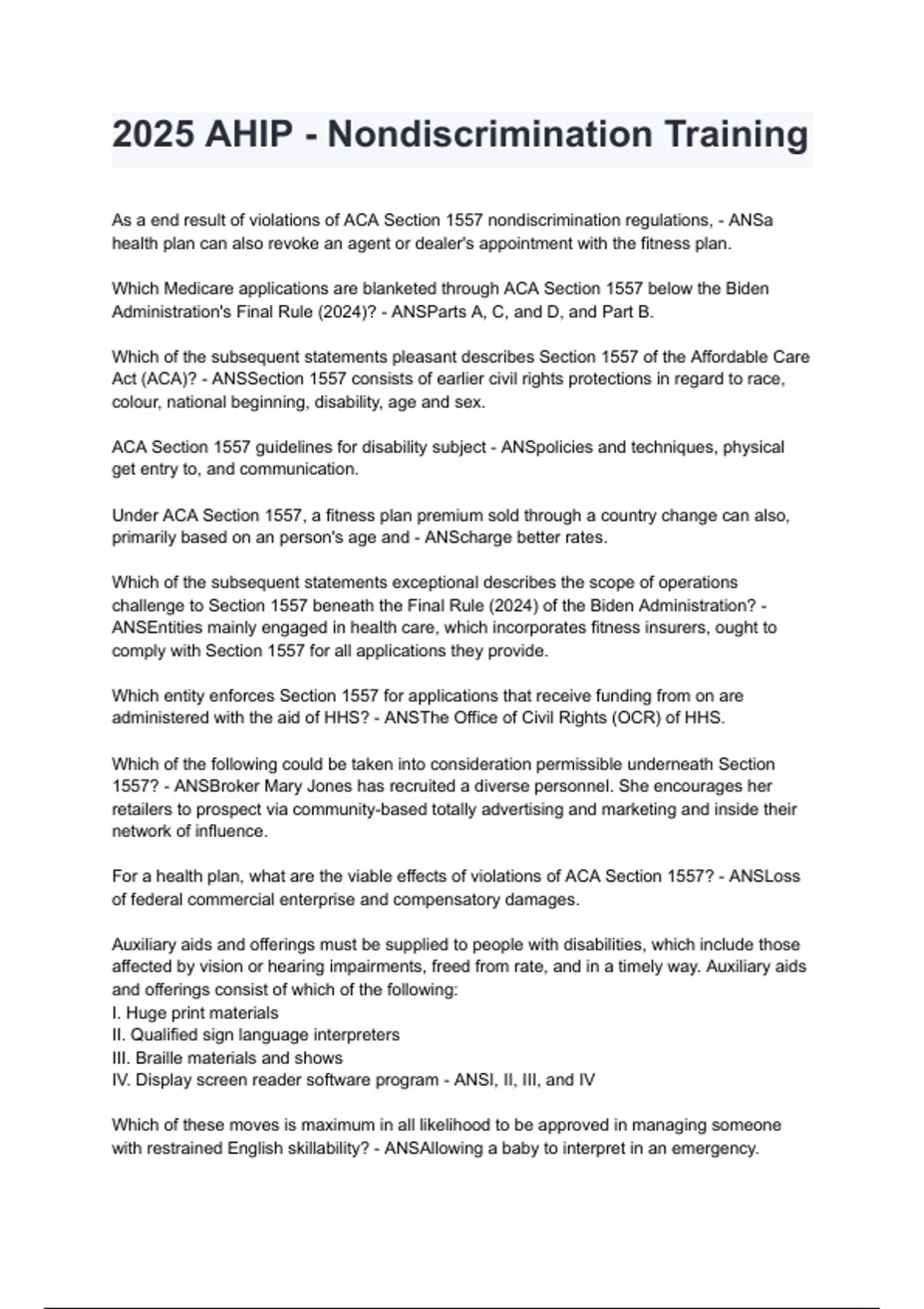 2025 AHIP - Nondiscrimination Training Questions and Answers (2025 / ...