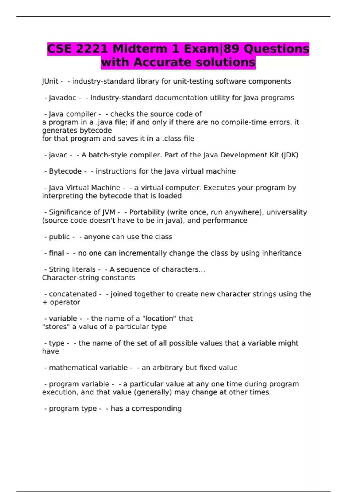 CSE 2221 Midterm 1 Exam|89 Questions with Accurate solutions - CSE 2221 - Stuvia US