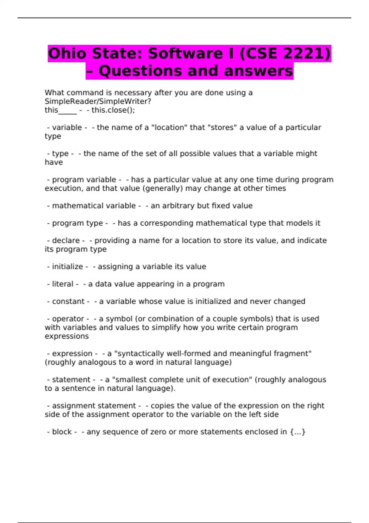 Ohio State: Software I (CSE 2221) – Questions and answers - Ohio State ...