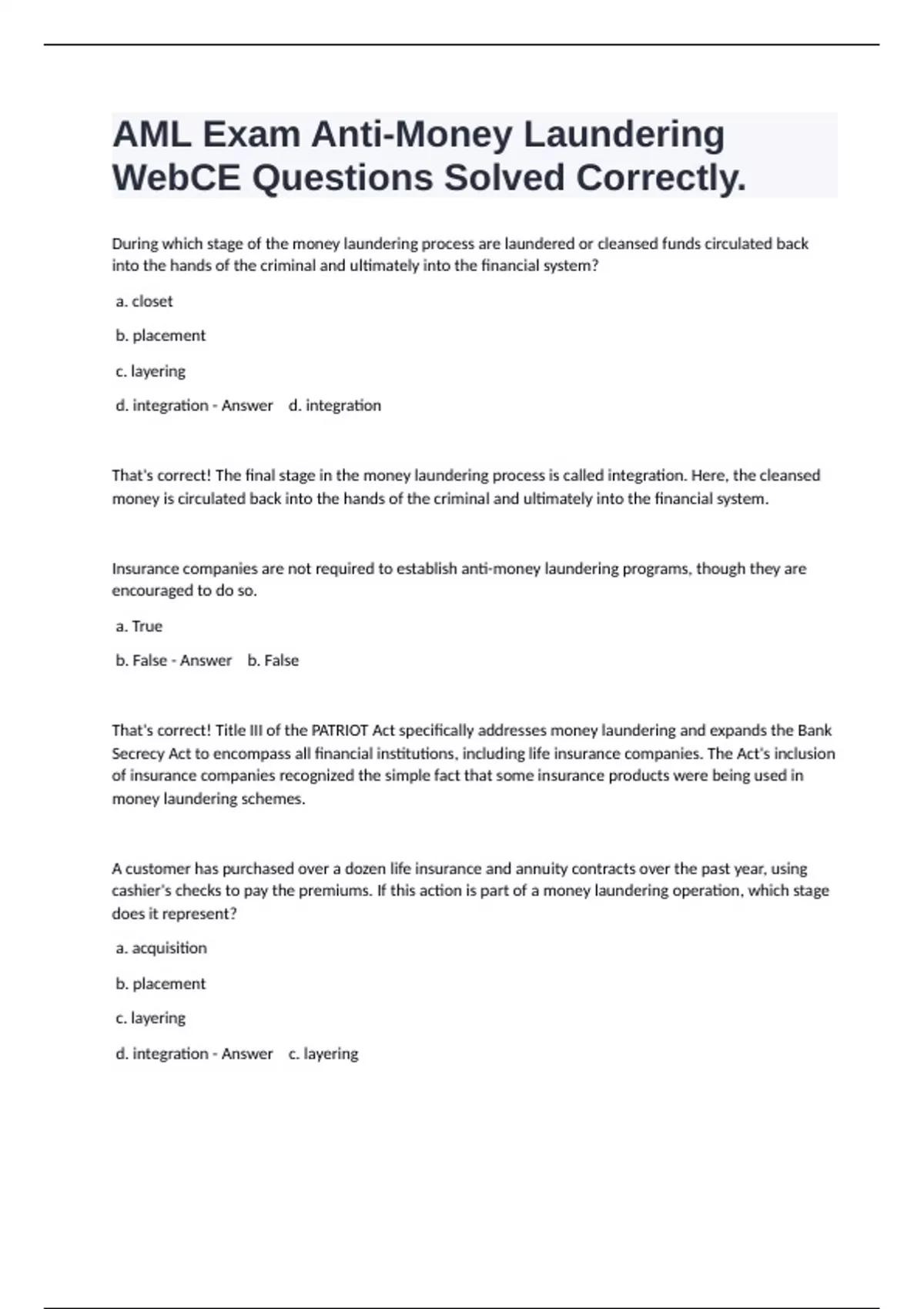 AML Exam Anti-Money Laundering WebCE Questions Solved Correctly. - Webce Insurance - Stuvia US
