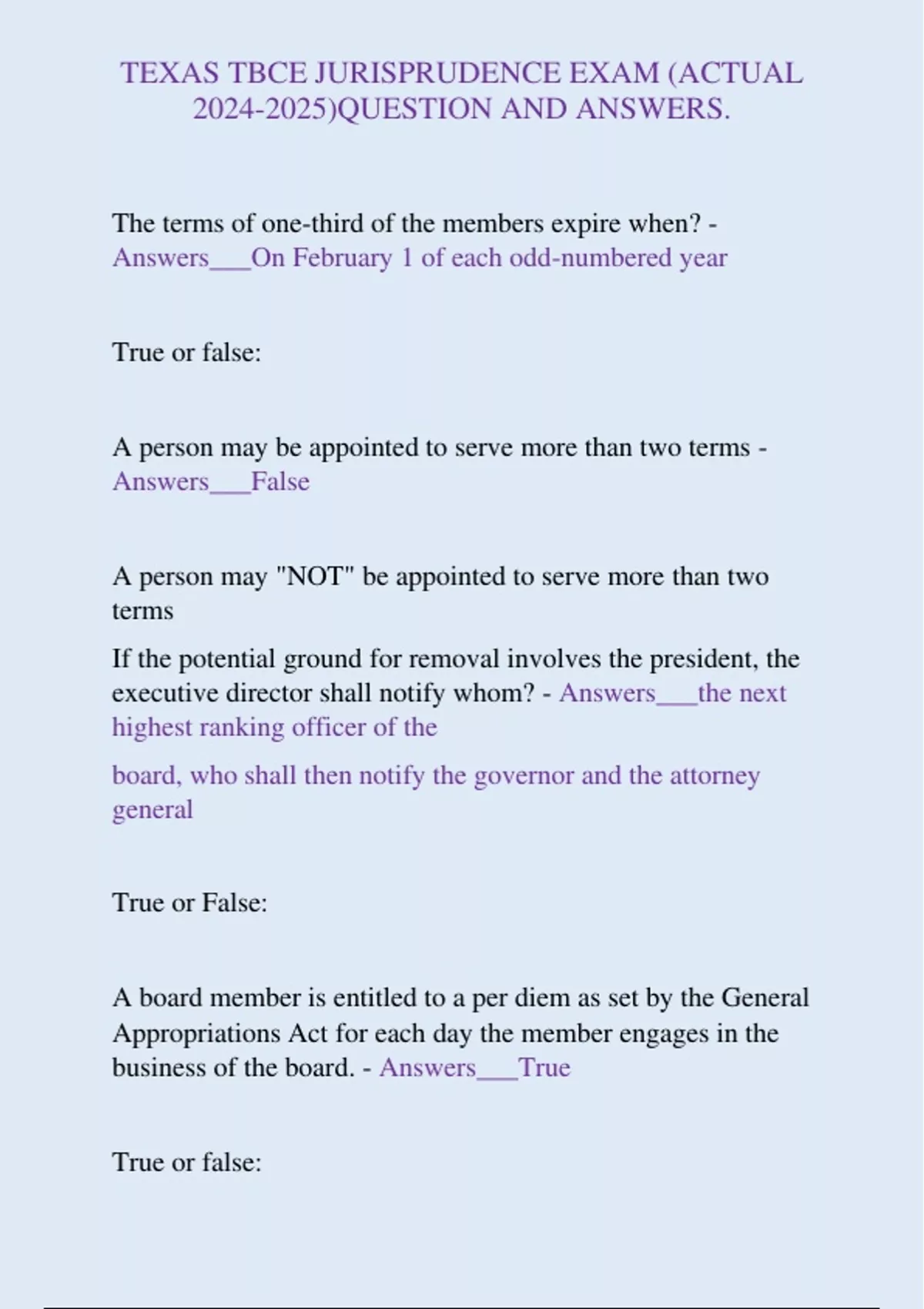 TEXAS TBCE JURISPRUDENCE EXAM (ACTUAL )QUESTION AND ANSWERS - TEXAS ...