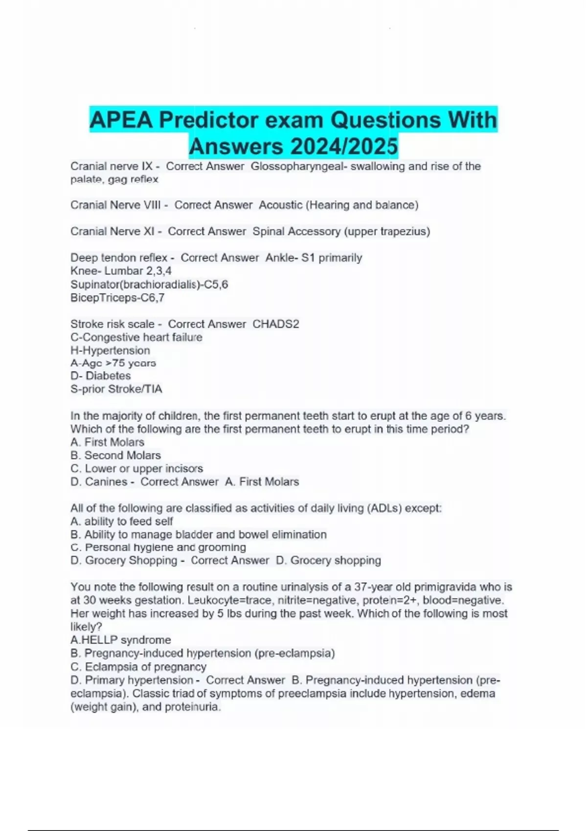 APEA Predictor exam Questions With Answers 2024/2025 - APEA Predictor ...