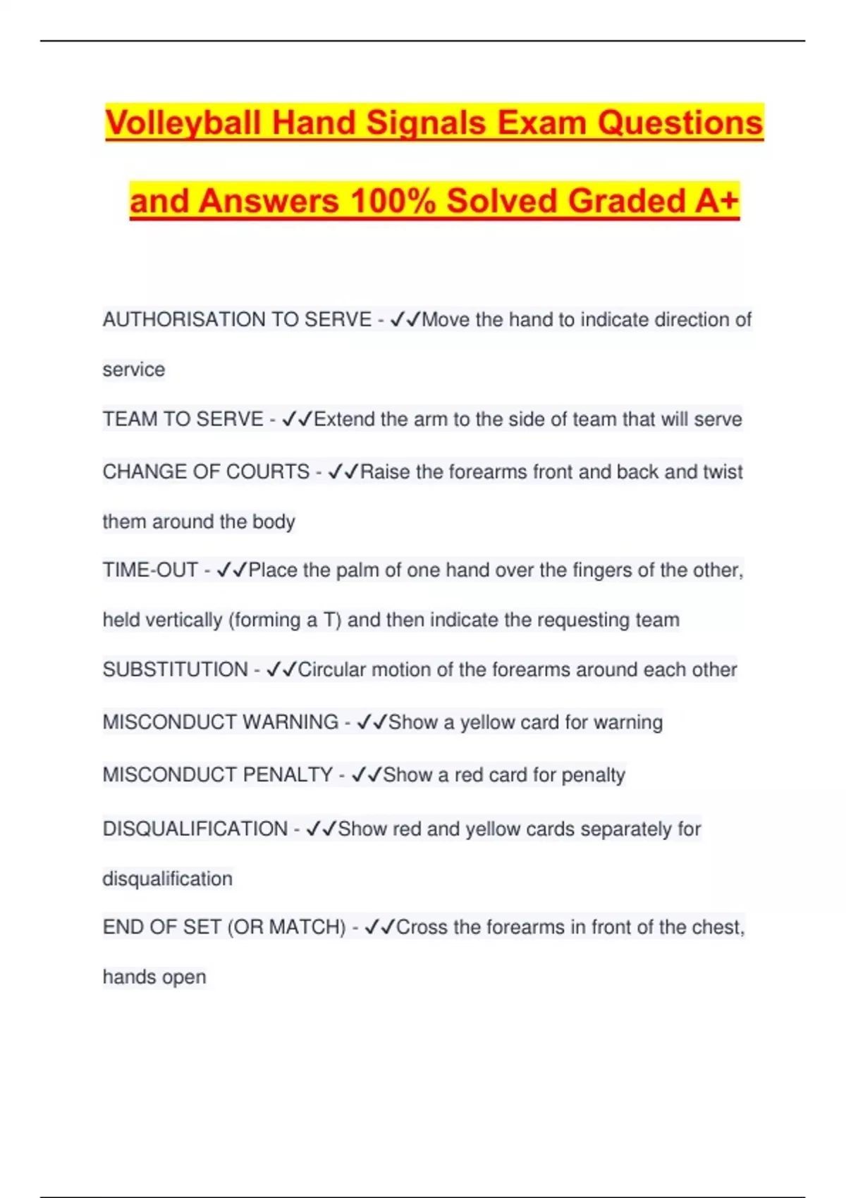 Volleyball Hand Signals Exam Questions and Answers 100% Solved Graded ...