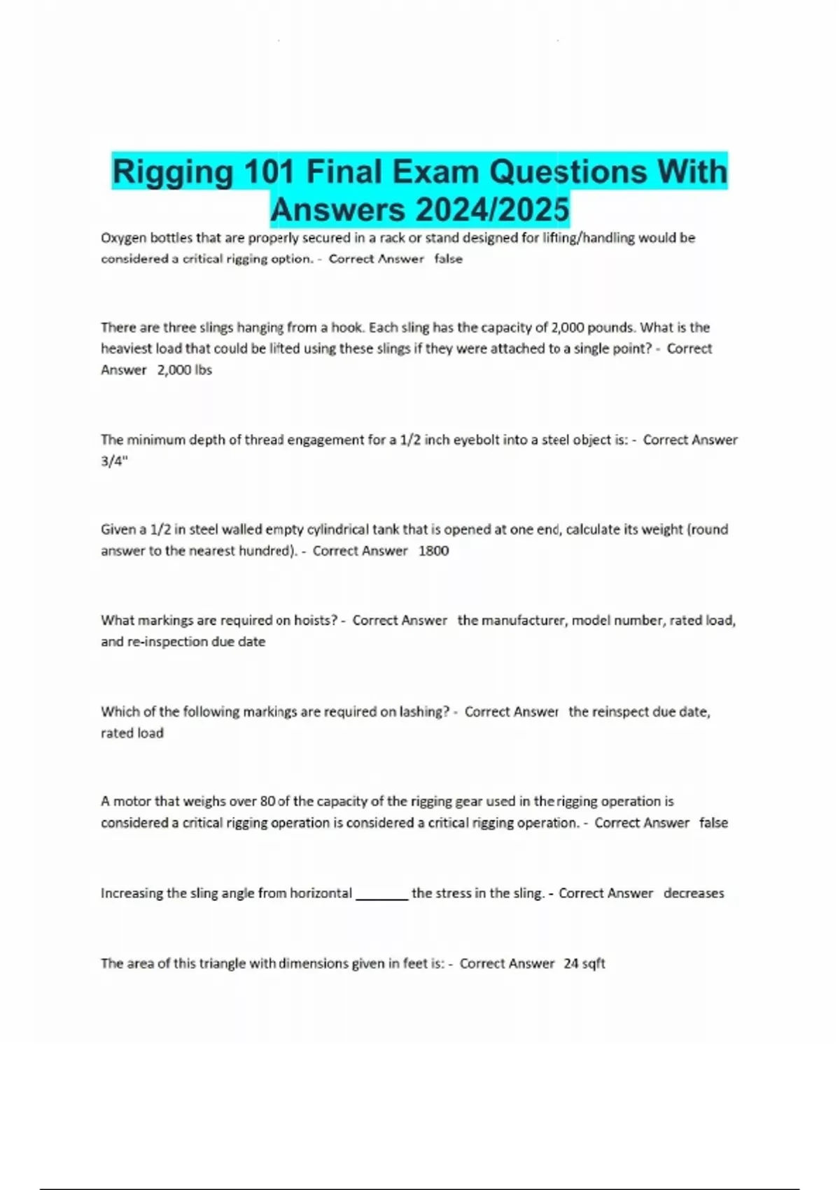 Rigging 101 Final Exam Questions With Answers 2024/2025 - Rigging 101 ...