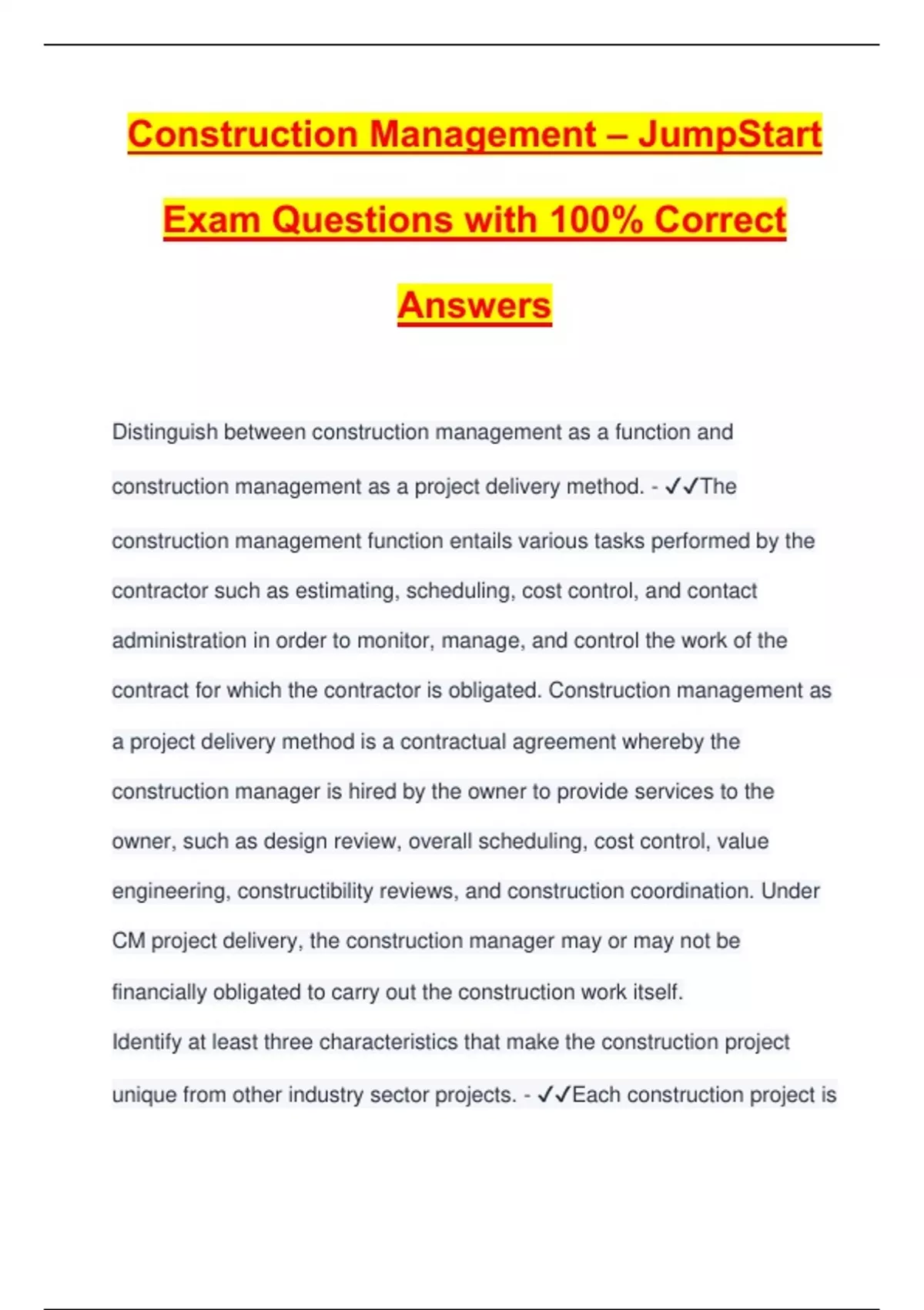 Construction Management – JumpStart Exam Questions with 100% Correct ...
