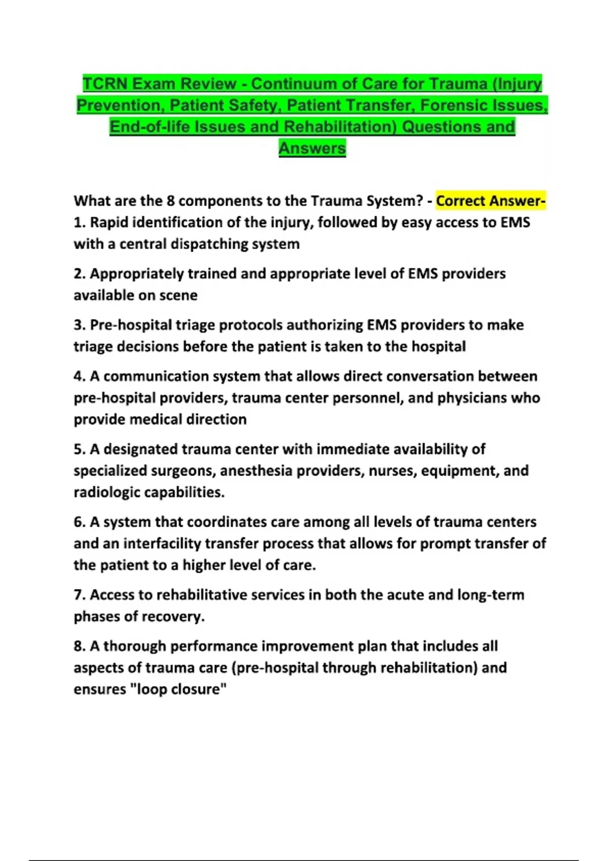TCRN Exam Review - Continuum of Care for Trauma (Injury Prevention ...