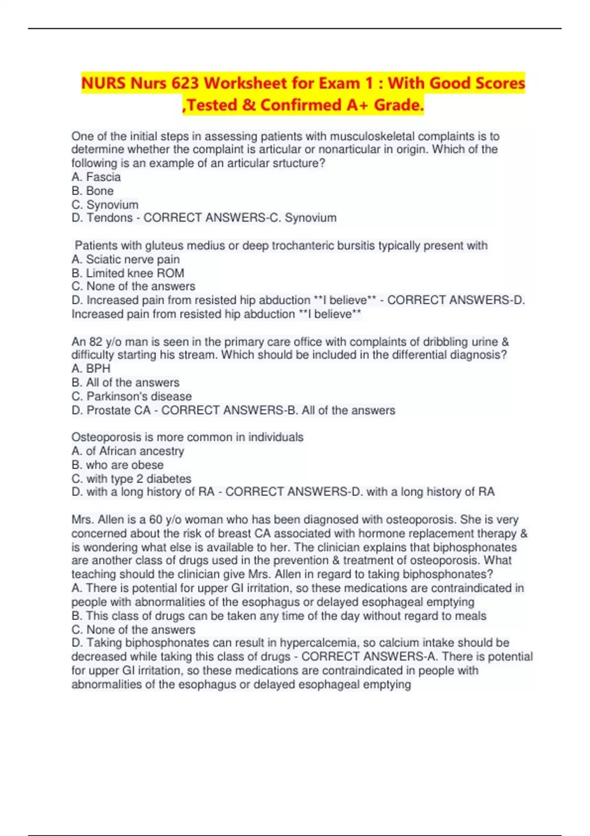 NURS Nurs 623 Worksheet for Exam 1 : With Good Scores ,Tested ...