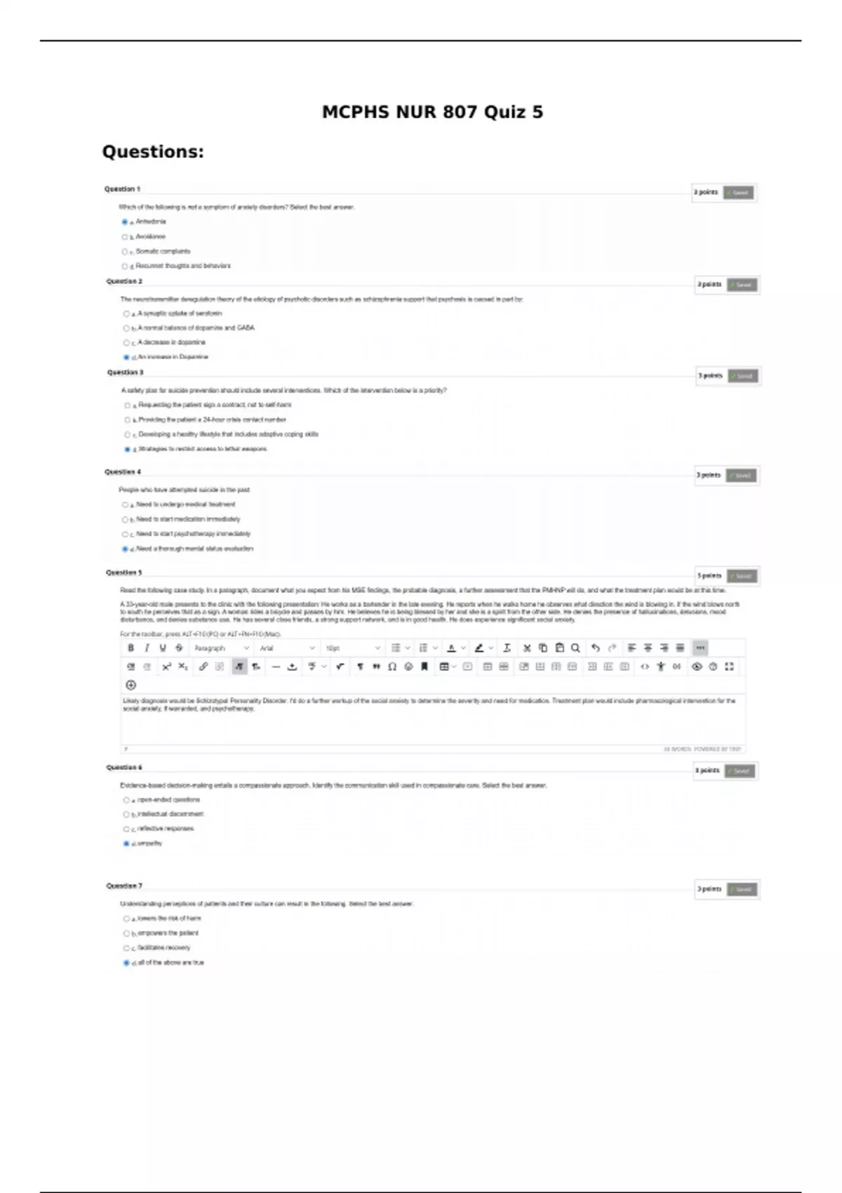MCPHS NUR 807 Quiz 5 - MCPHS NUR 807 - Stuvia US