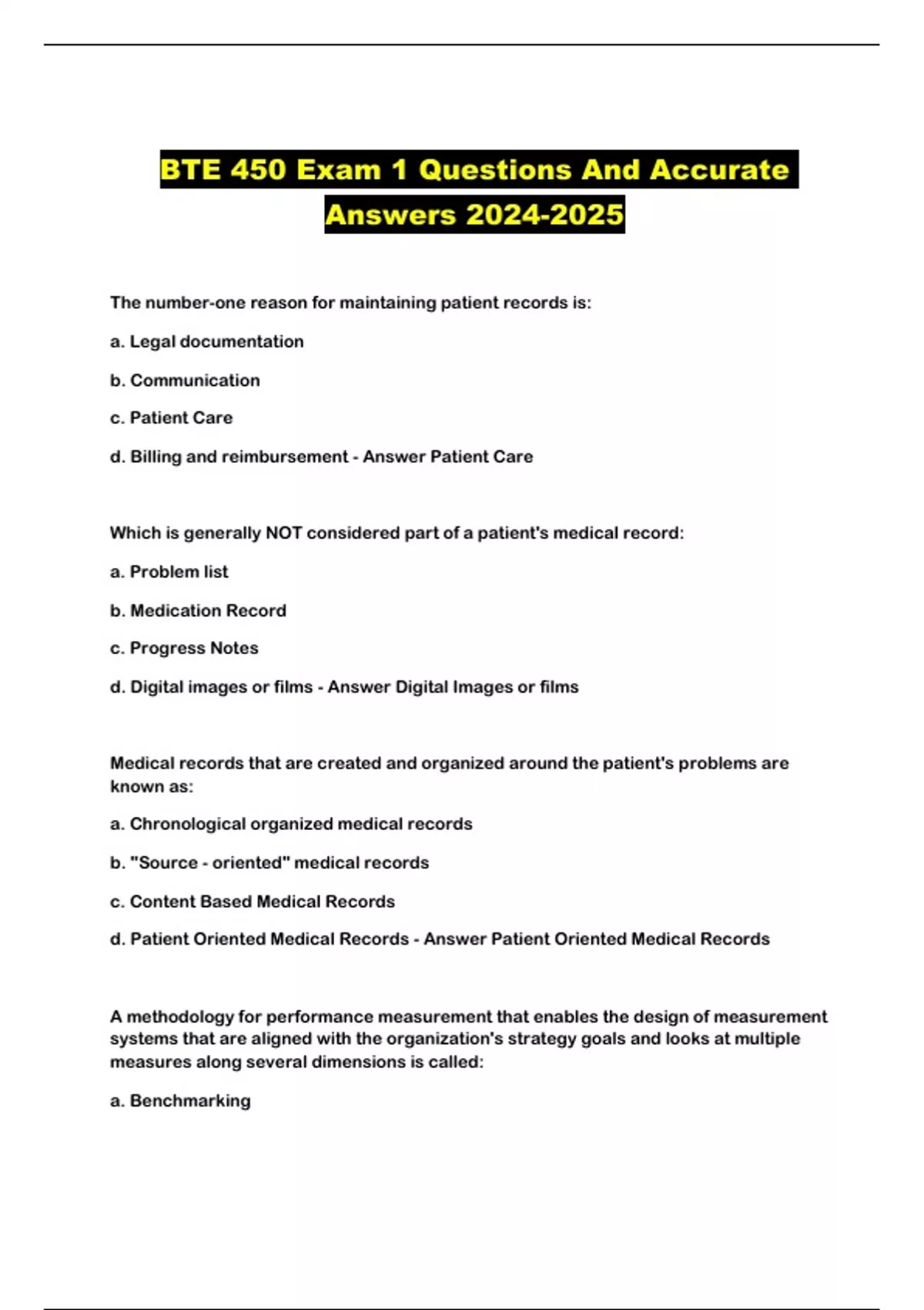 BTE 450 Exam 1 Questions And Accurate Answers - BTE 450 - Stuvia US