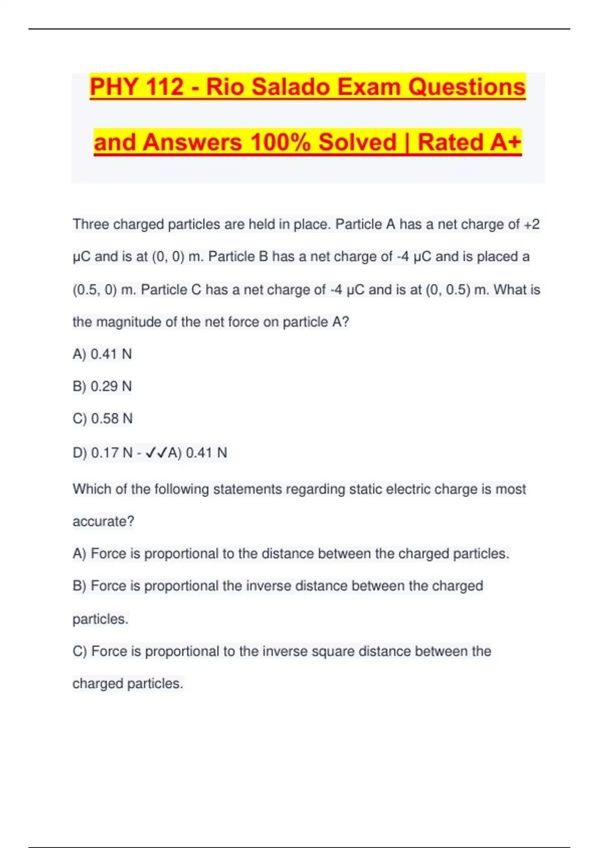 PHY 112 - Rio Salado Exam Questions and Answers 100% Solved | Rated A+ ...