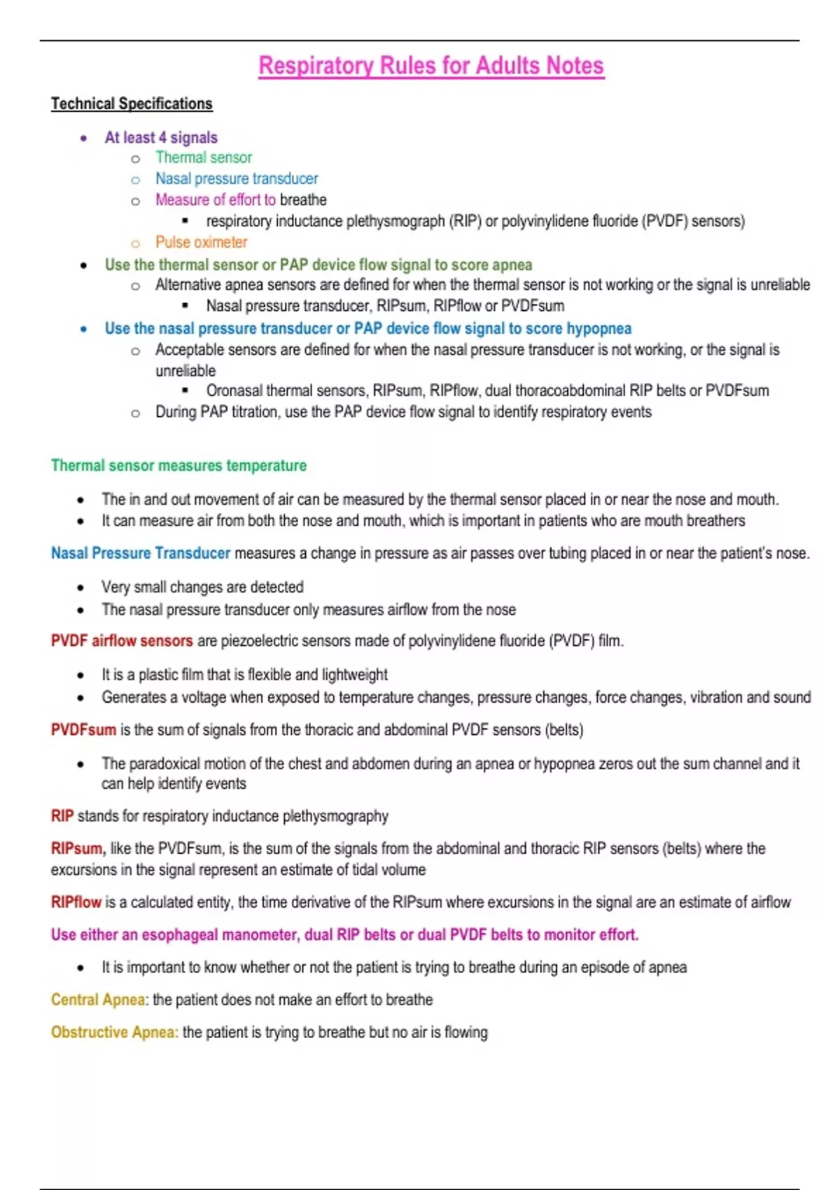 Respiratory Scoring Rules for Adults - Rpsgt - Stuvia US