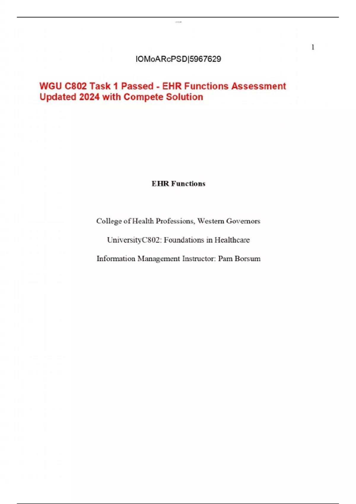 WGU C802 Task 1 Passed - EHR Functions Assessment Updated 2024 with ...