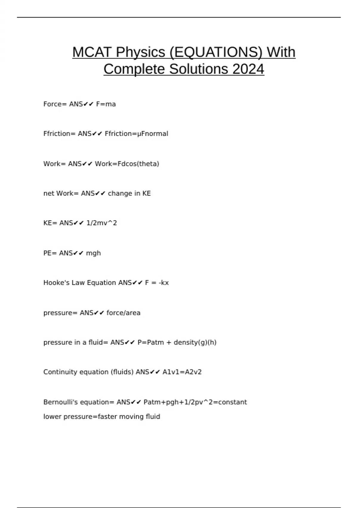 MCAT Physics (EQUATIONS) With Complete Solutions 2024 - MCAT Physics ...