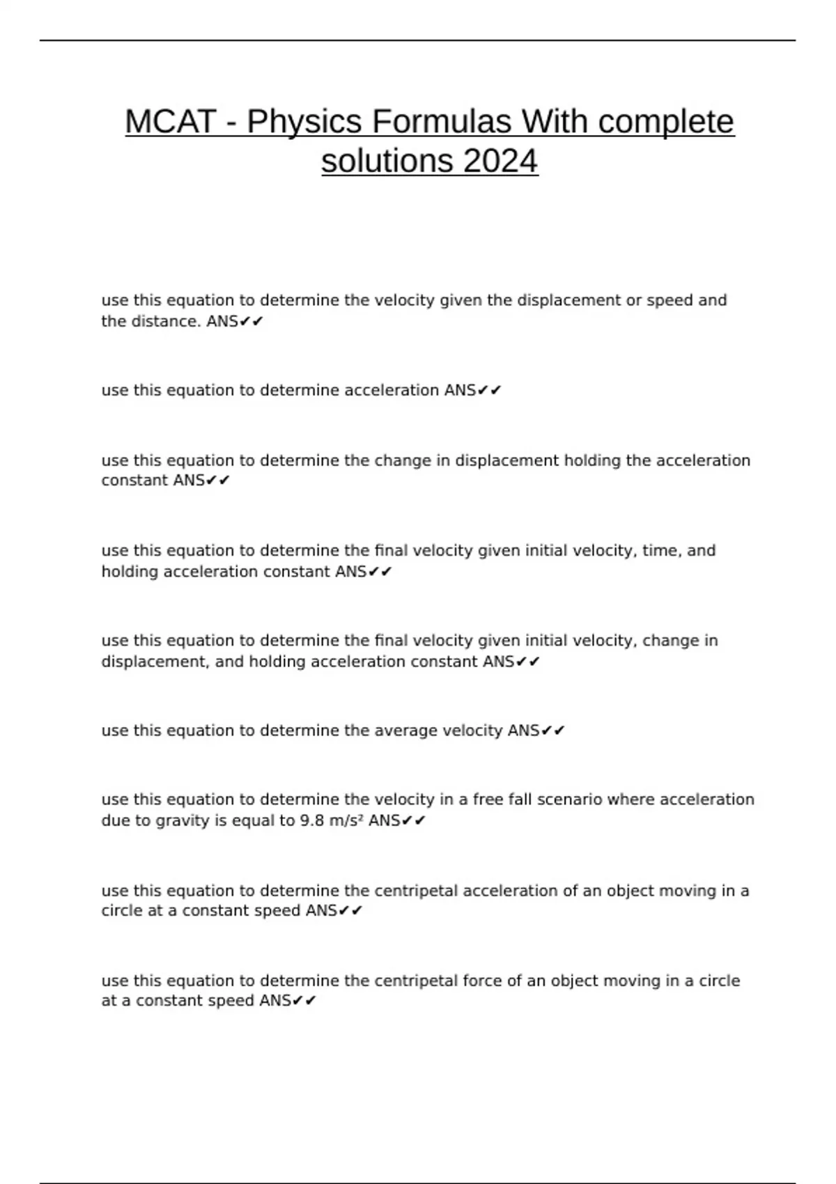 MCAT - Physics Formulas With complete solutions 2024 - MCAT - Physics ...