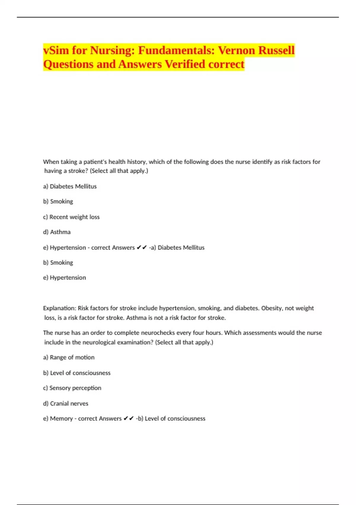 vSim for Nursing Fundamentals Vernon Russell Questions and Answers 100% ...