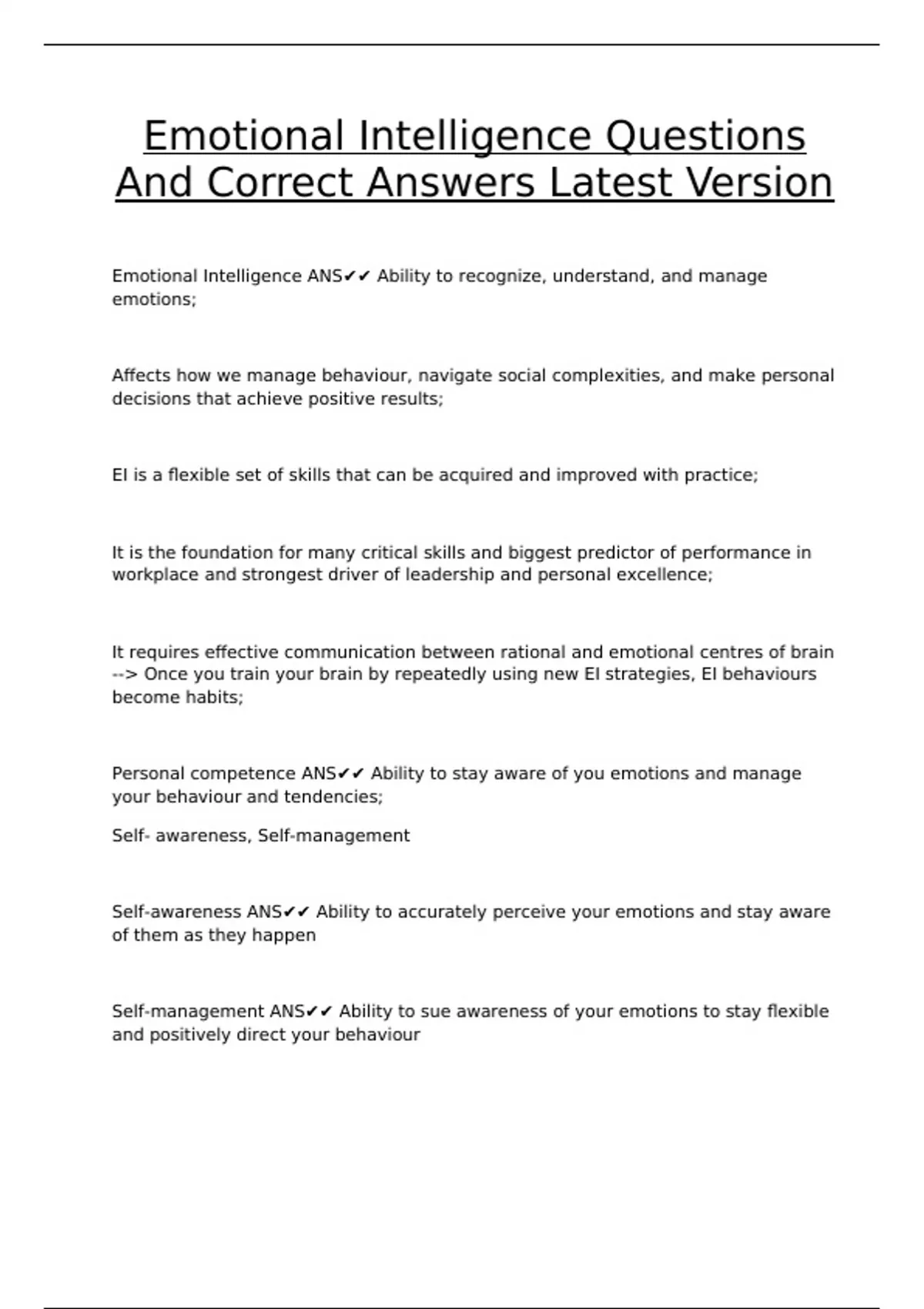 Emotional Intelligence Questions And Correct Answers Latest Version ...