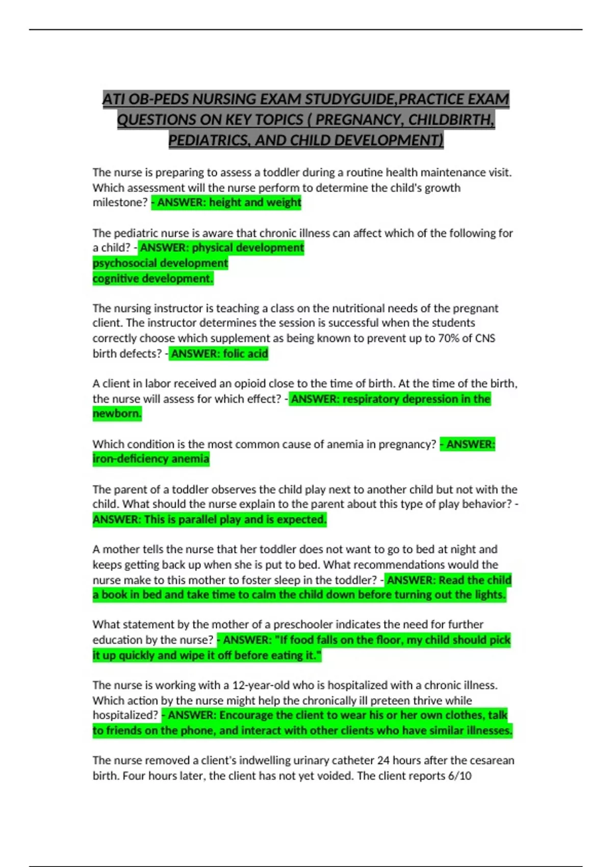 ATI OB-PEDS NURSING EXAM STUDYGUIDE,PRACTICE EXAM QUESTIONS ON KEY ...