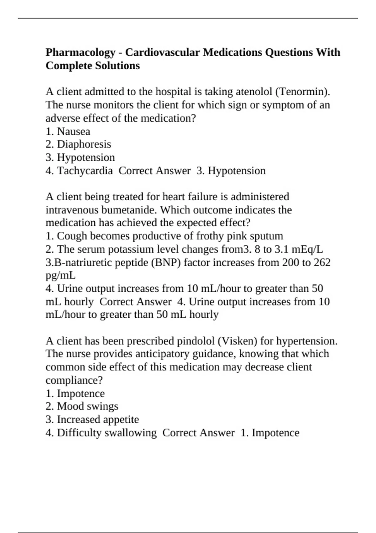 Pharmacology - Cardiovascular Medications Questions With Complete ...