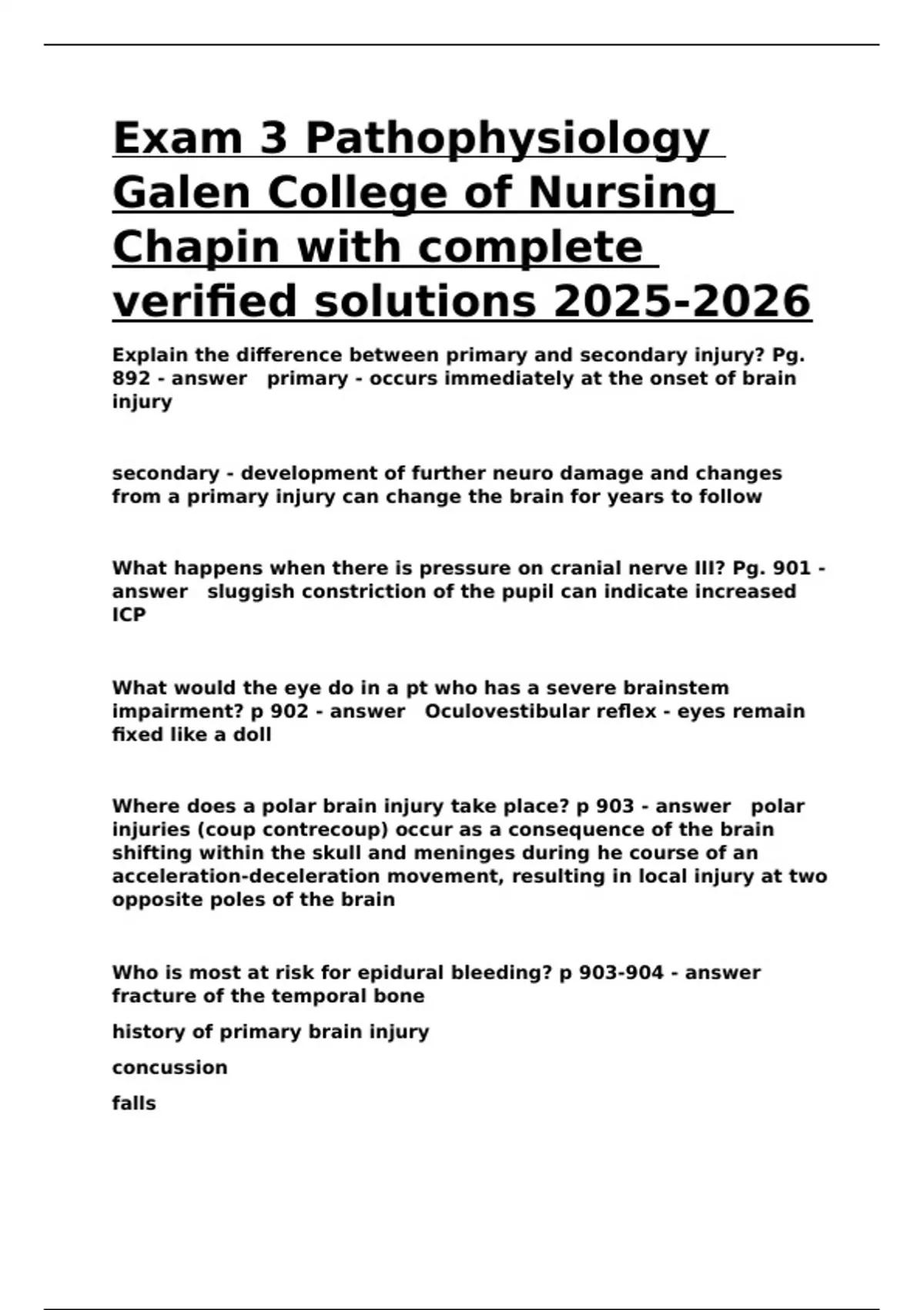 Exam 3 Pathophysiology Galen College of Nursing Chapin with complete ...