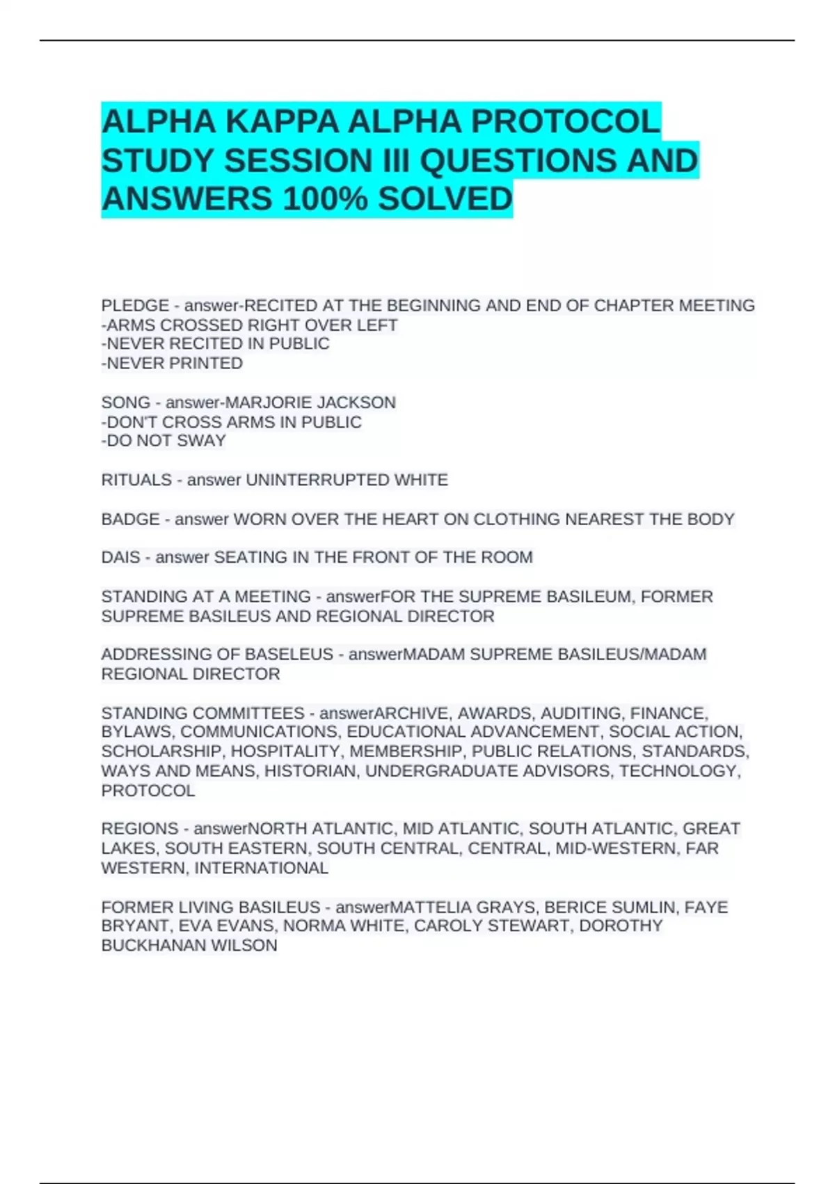 ALPHA KAPPA ALPHA PROTOCOL STUDY SESSION III QUESTIONS AND ANSWERS 100% ...