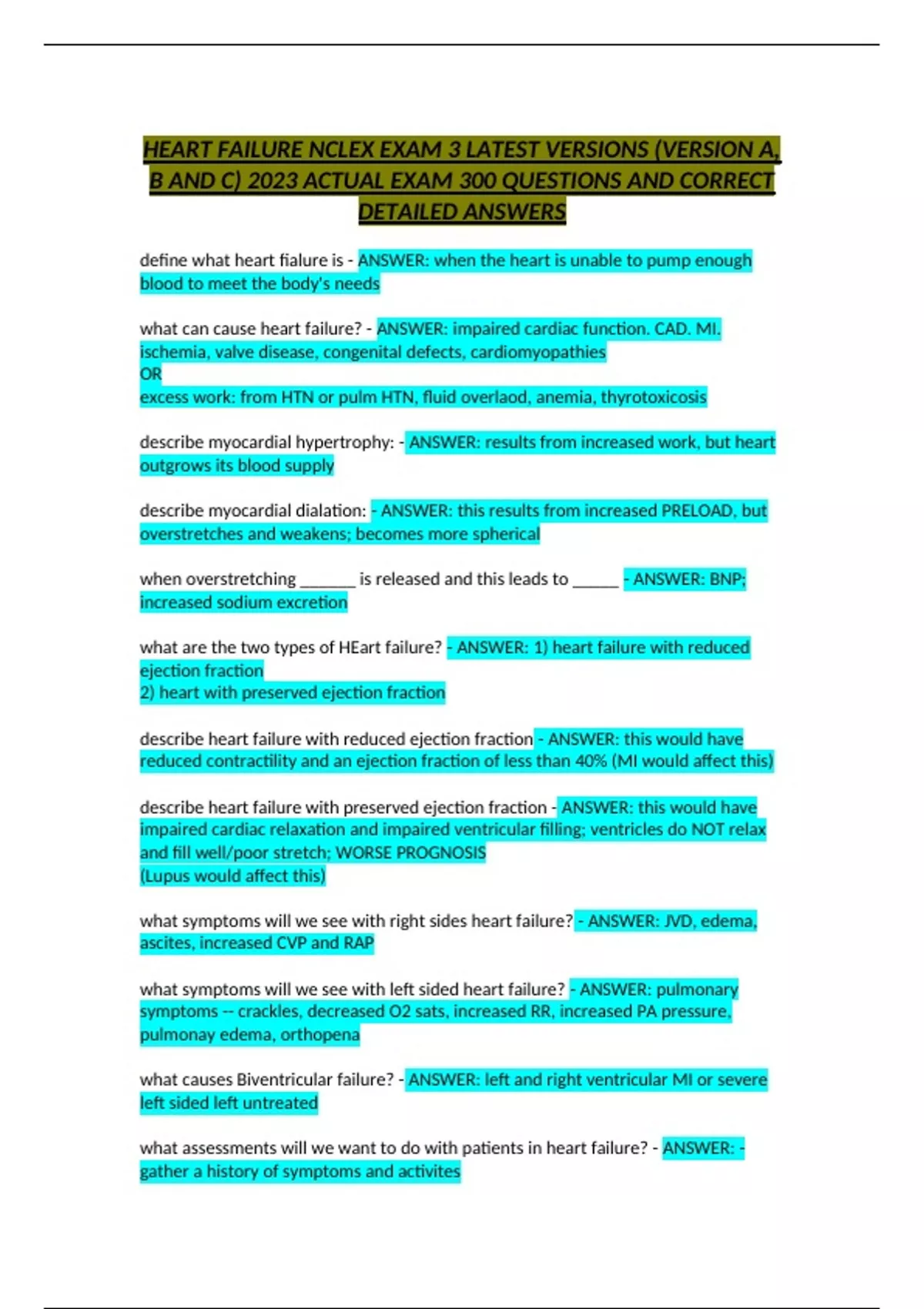 HEART FAILURE NCLEX EXAM 3 LATEST VERSIONS (VERSION A, B AND C) 2023 ...