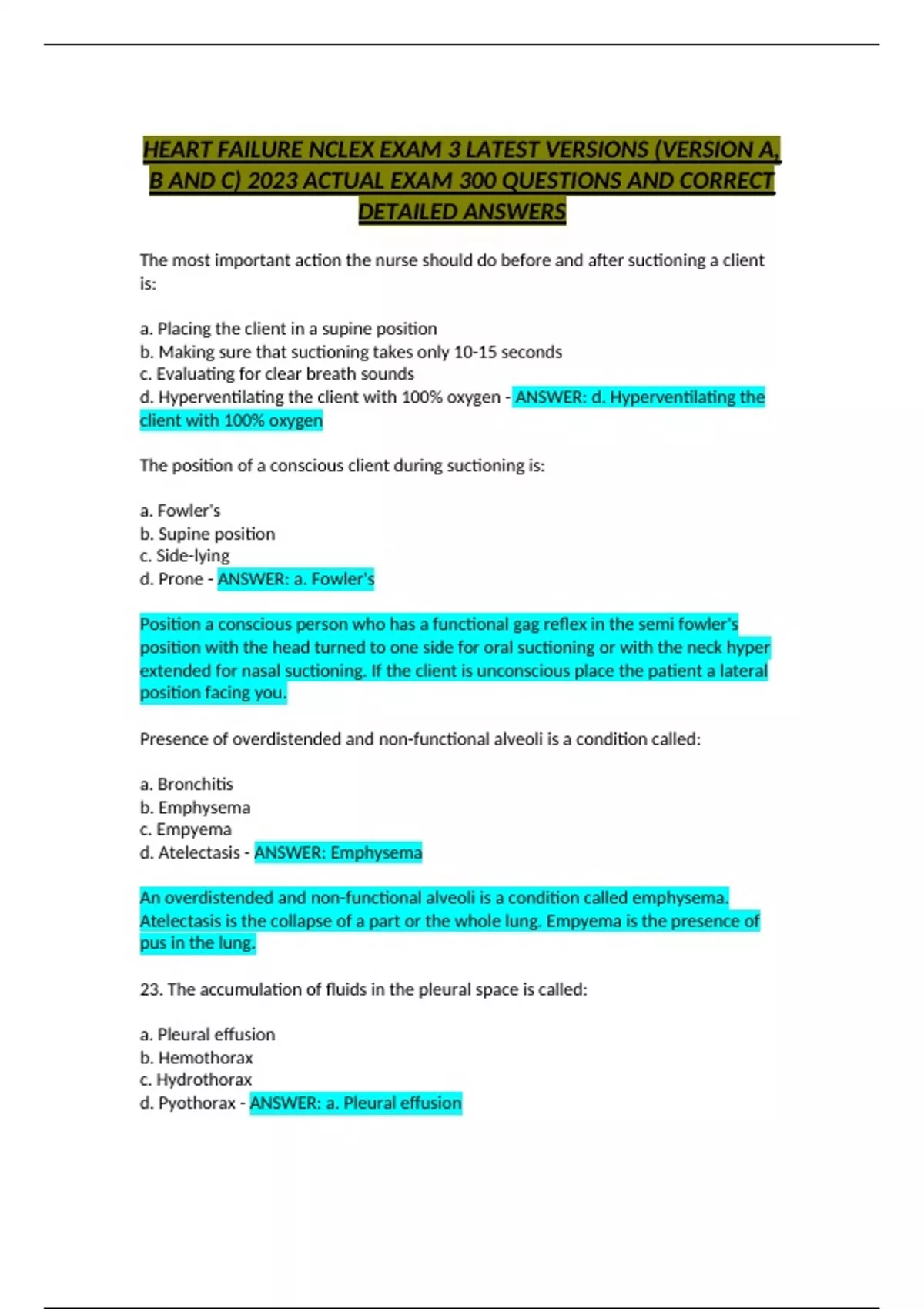 HEART FAILURE NCLEX EXAM 3 LATEST VERSIONS (VERSION A, B AND C) 2023 ...