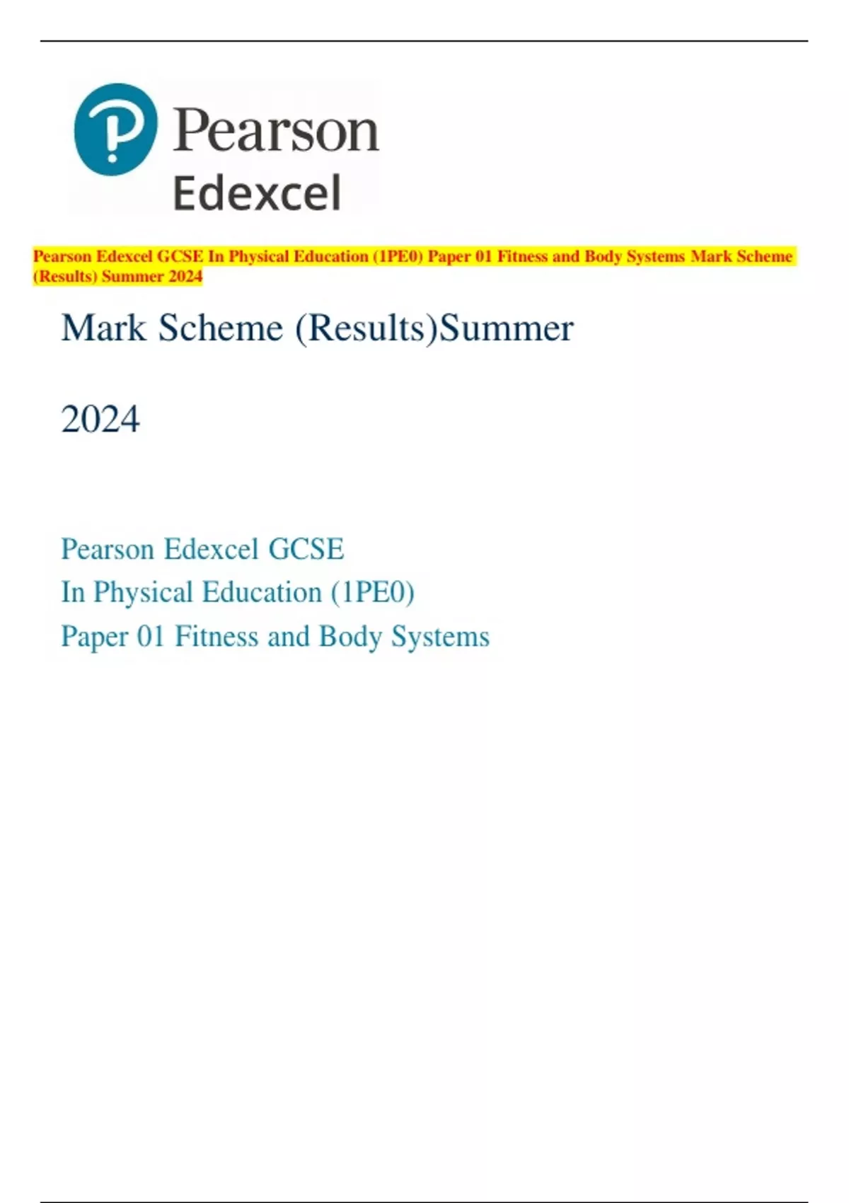 Pearson Edexcel GCSE In Physical Education (1PE0) Paper 01 Fitness and ...