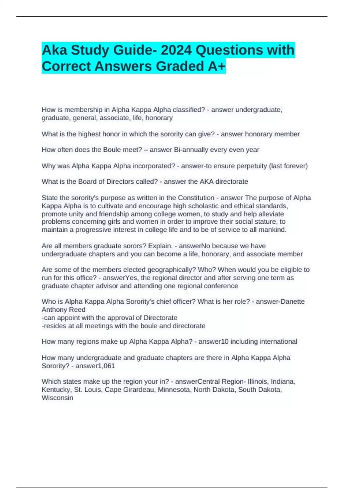 Aka Study Guide- 2024 Questions with Correct Answers Graded A+ - Alpha Kappa Alpha - Stuvia US