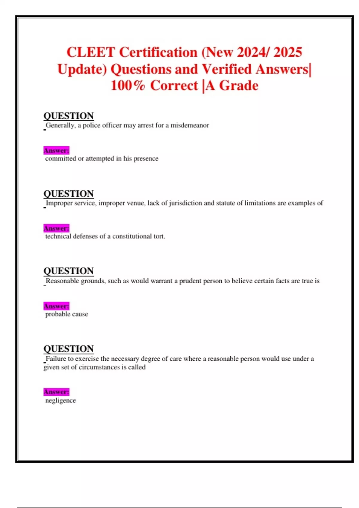 CLEET Certification (New 2024/ 2025 Update) Questions and Verified ...