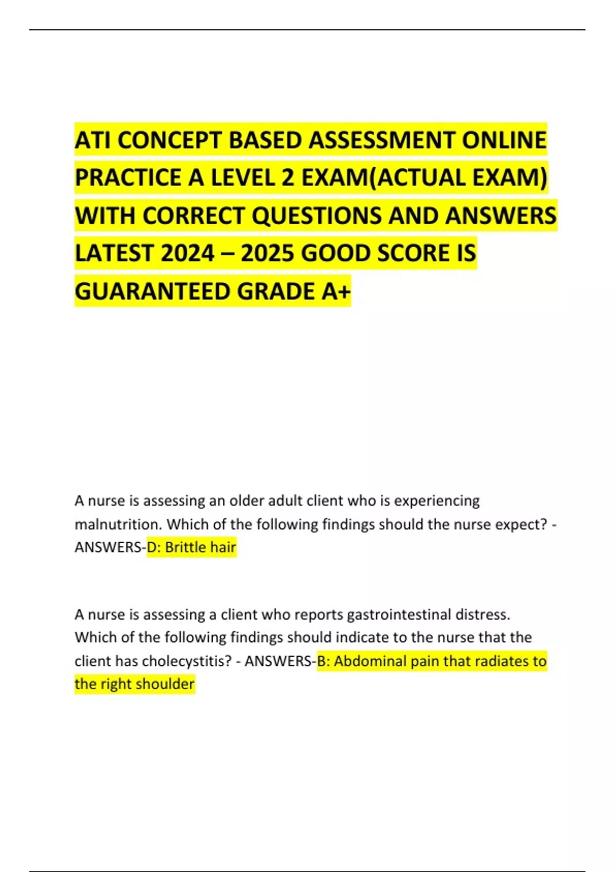 ATI CONCEPT BASED ASSESSMENT ONLINE PRACTICE A LEVEL 2 EXAM(ACTUAL EXAM ...