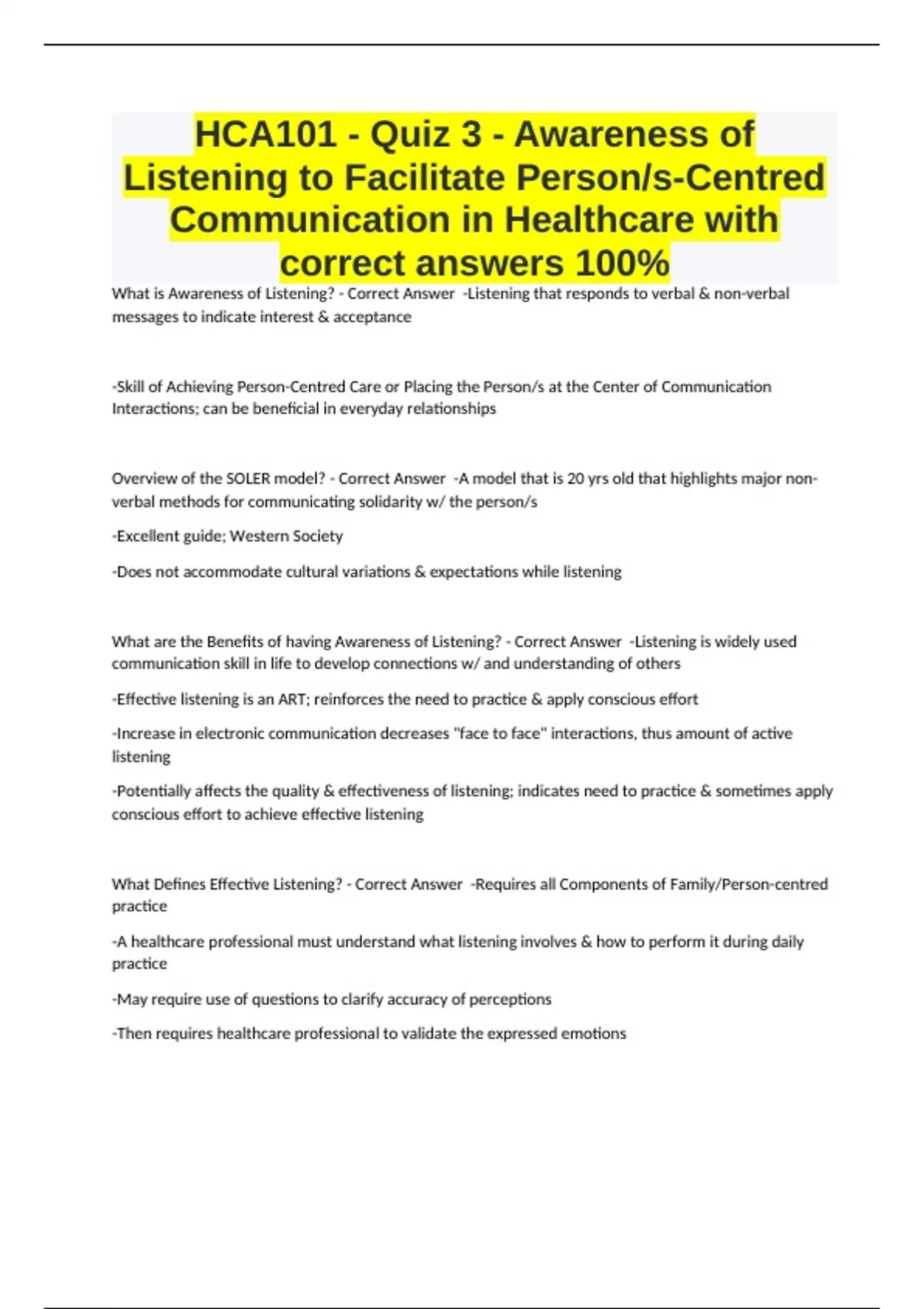 HCA101 - Quiz 3 - Awareness of Listening to Facilitate Person/s-Centred Communication in ...