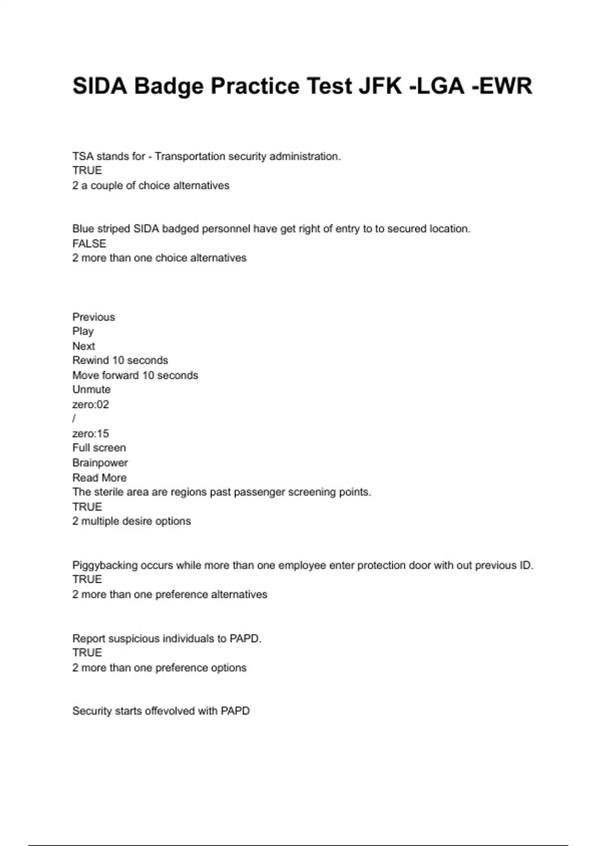 SIDA Badge Practice Test JFK -LGA -EWR questions with correct answers ...
