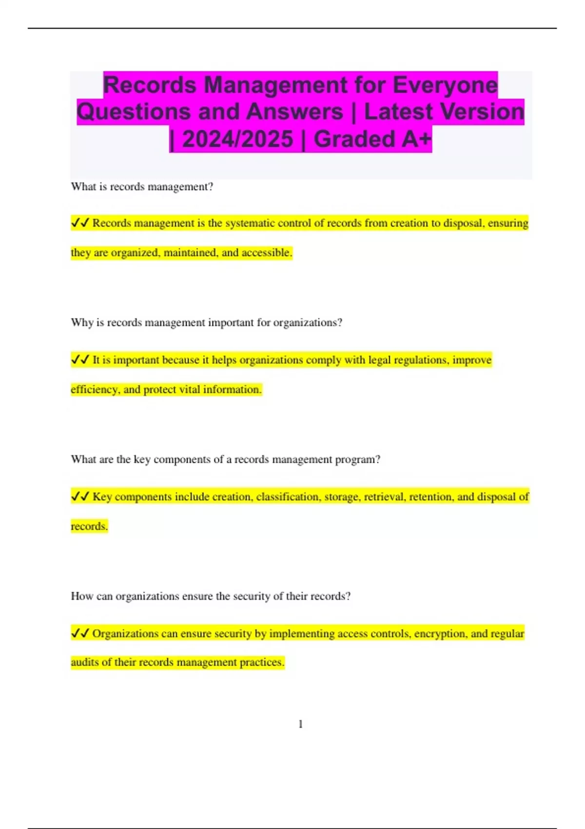 Records Management for Everyone Questions and Answers | Latest Version ...