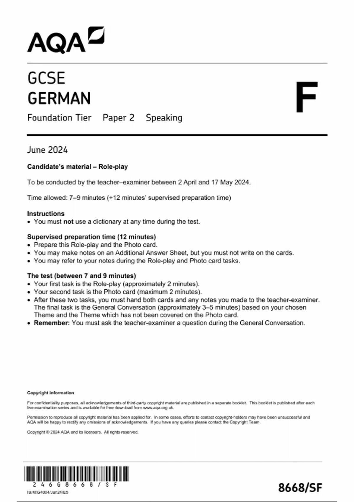AQA GCSE GERMAN Foundation Tier Question Paper(8668/SF:Paper 2 Speaking ...