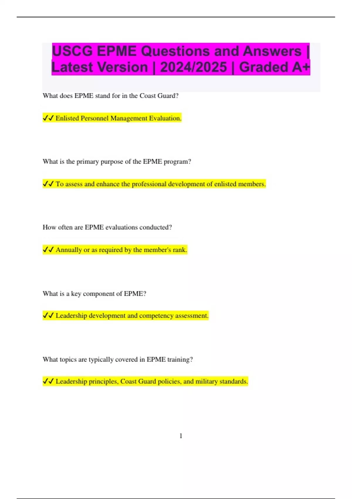 USCG EPME Questions and Answers | Latest Version | 2024/2025 | Graded ...